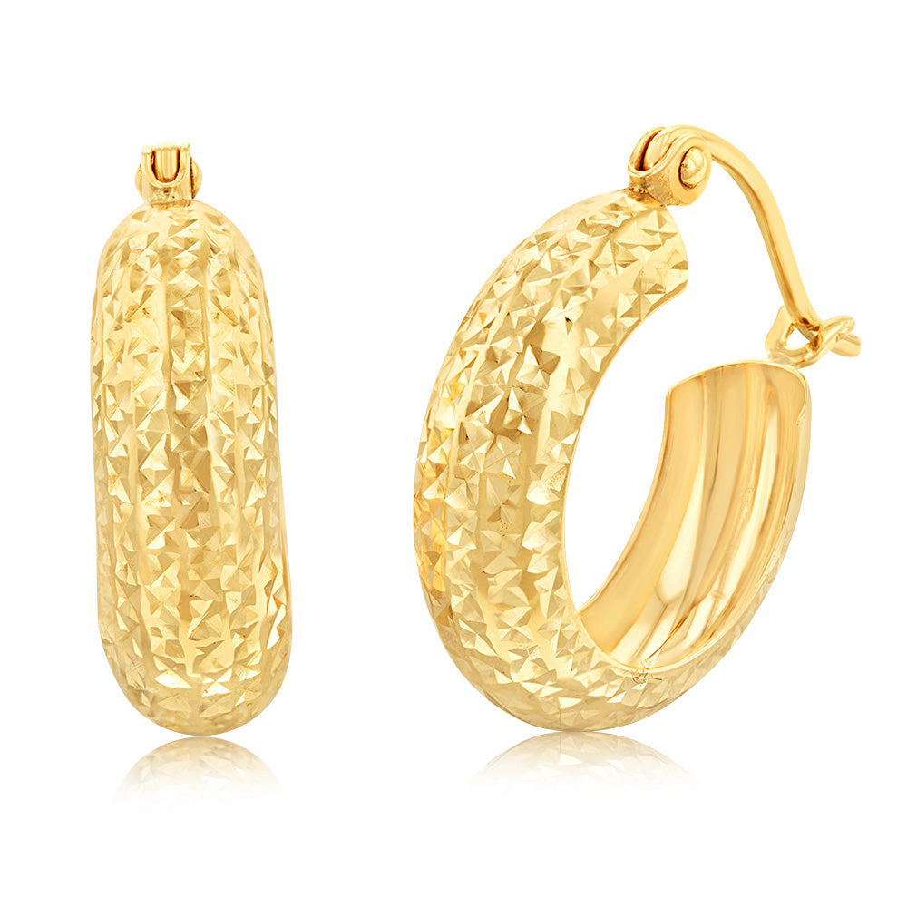 9ct Yellow Gold Diamond Cut 15mm Broad Hoop Earrings – Shiels Jewellers