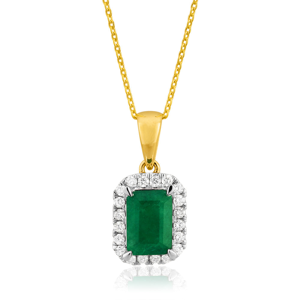 1 Carat Natural Emerald & Diamond Pendant with 45cm Chain in 9ct Yello ...