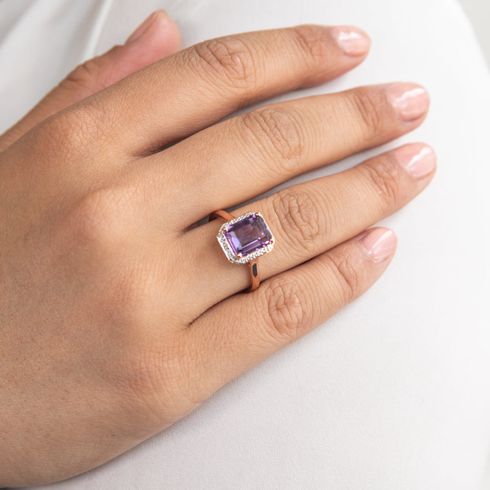9ct Rose Gold Amethyst and Diamond Emerald Cut Ring – Shiels Jewellers