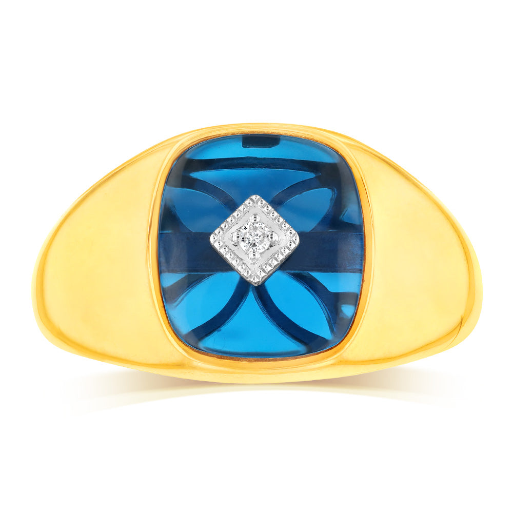 9ct Yellow Gold Created Blue Spinel & Diamond Gents Ring– Shiels Jewellers