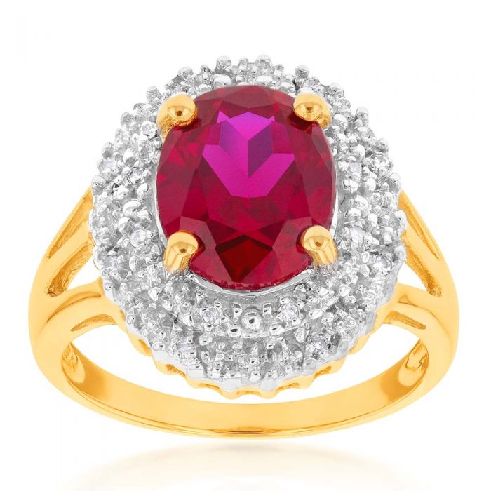 9ct Yellow Gold 8x10mm Created Ruby + Diamond Halo Ring – Shiels Jewellers