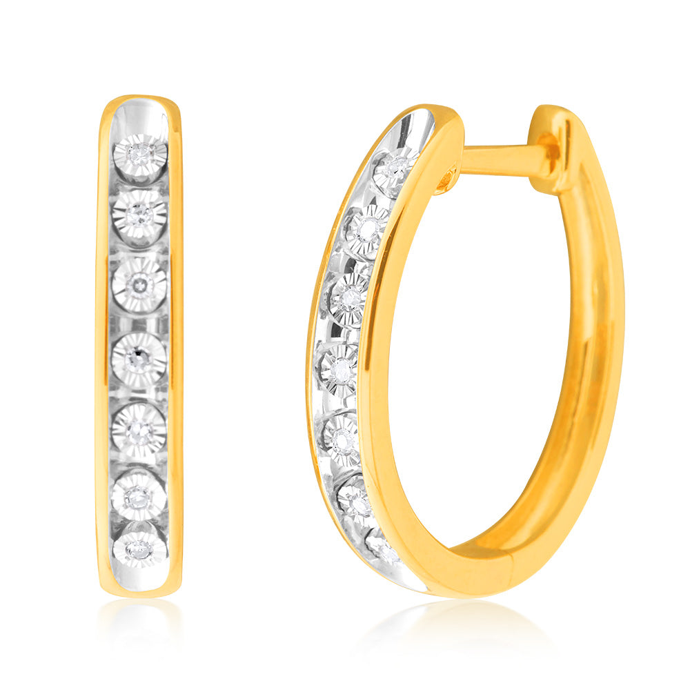 9ct Yellow Gold Diamond Hoop Earrings with 14 Brilliant Cut Diamonds ...