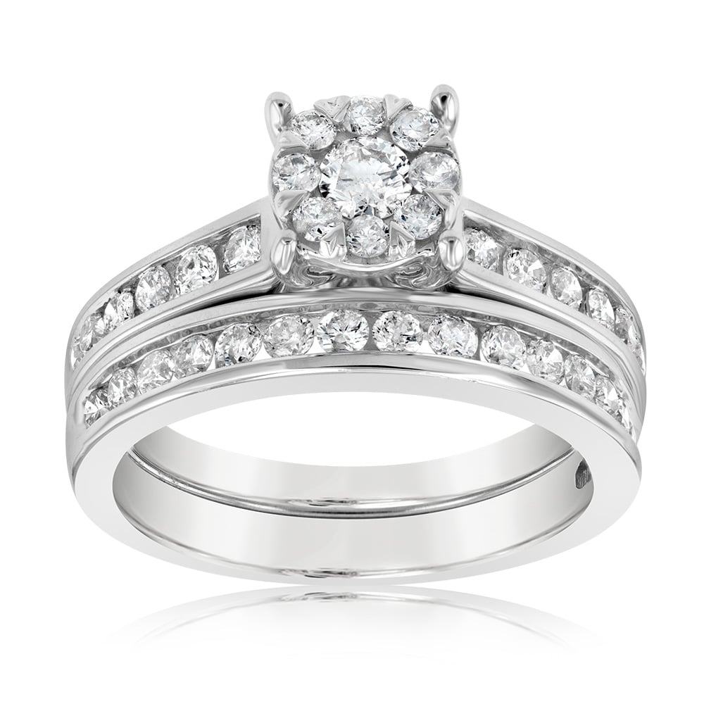 9ct White Gold 1 Carat Diamond Bridal Set Ring with Halo Setting ...