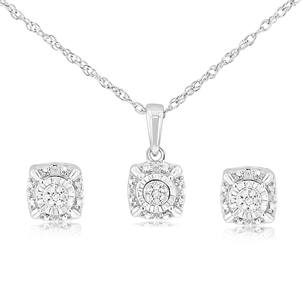 Sterling Siver & Round Shaped Earring, Pendant Set with 1/10 Carat Nat ...