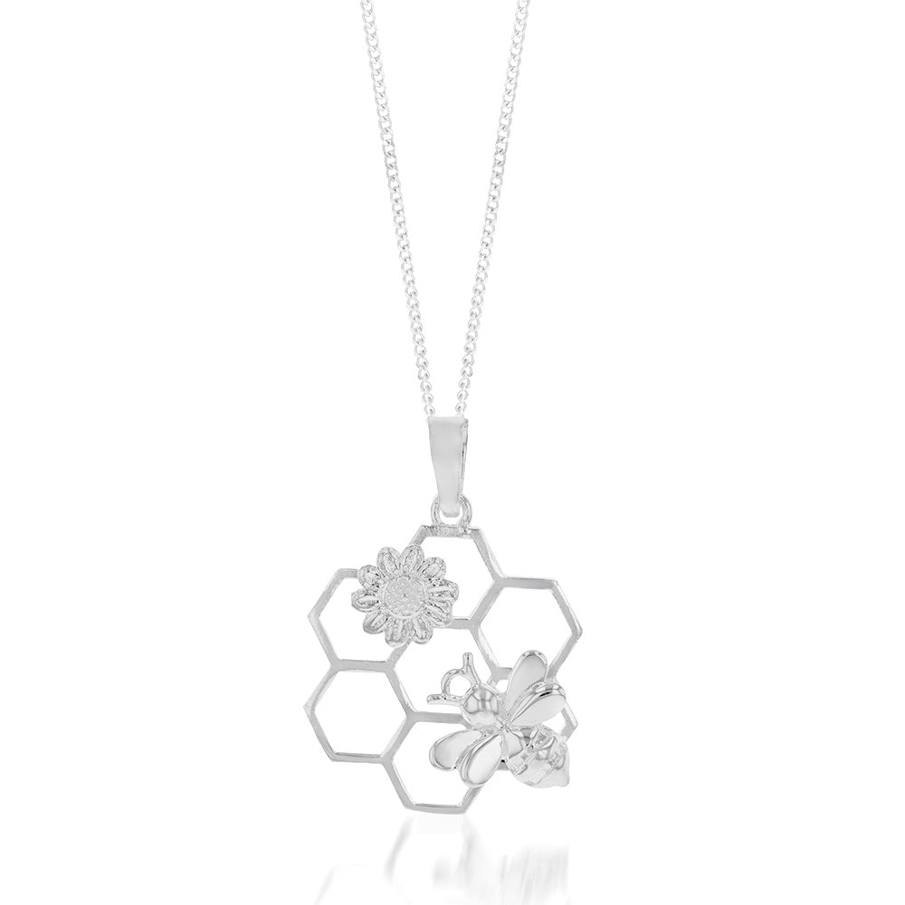 Sterling Silver Beehive With Bee And Flower Pendant – Shiels Jewellers