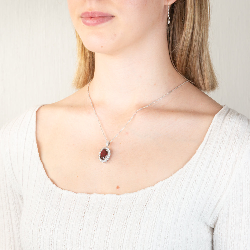 Sterling Silver Rhodium Plated Oval Red Stone Cubic Zirconia Pendant W ...