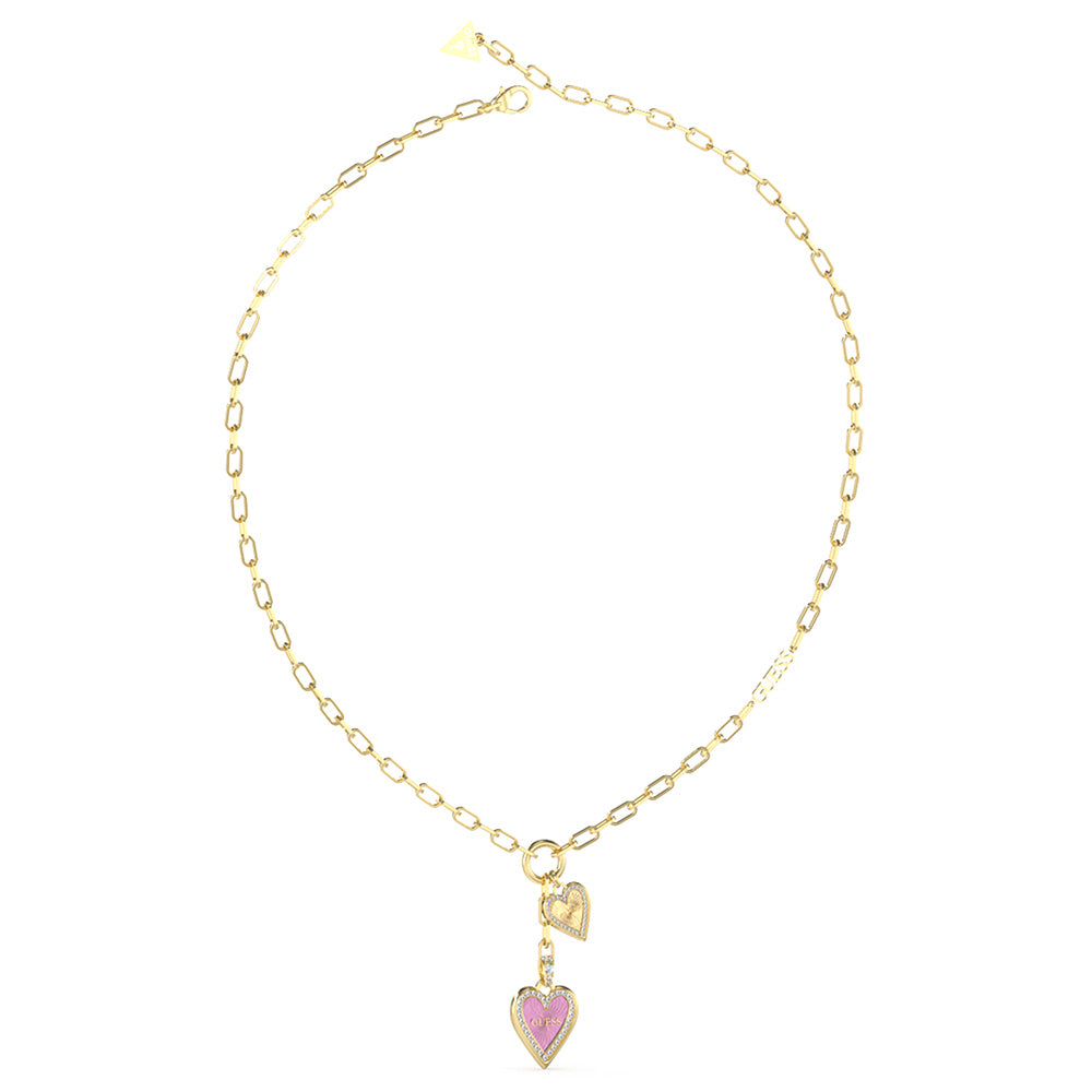 Guess Stainless Steel Gold Plated Pink Double Heart Pendant On 16-18 C ...