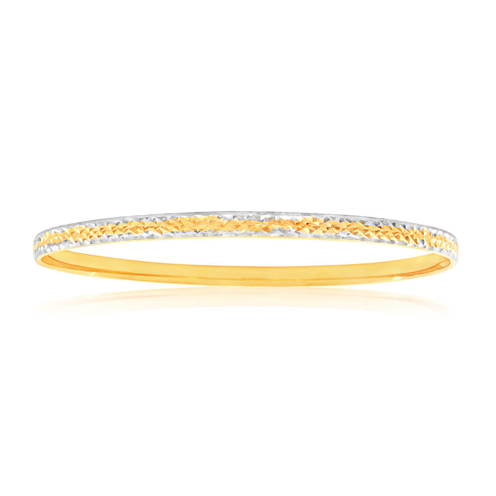 9ct Yellow Gold & Rhodium Gold Bangle with diamond cutting – Shiels ...