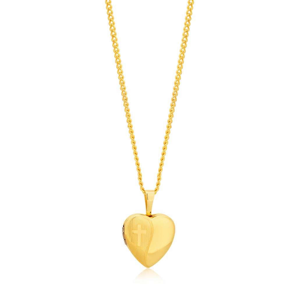 9ct Yellow Gold Etched Cross Heart Locket– Shiels Jewellers