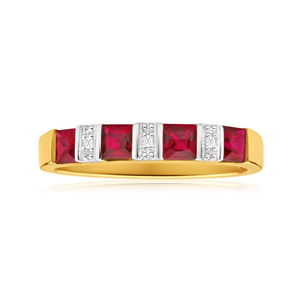 9ct Yellow Gold 4 Created Ruby + Diamond Ring – Shiels Jewellers