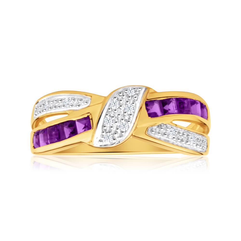 9ct Yellow Gold Amethyst and 10 Diamond Cross Over Ring – Shiels Jewellers