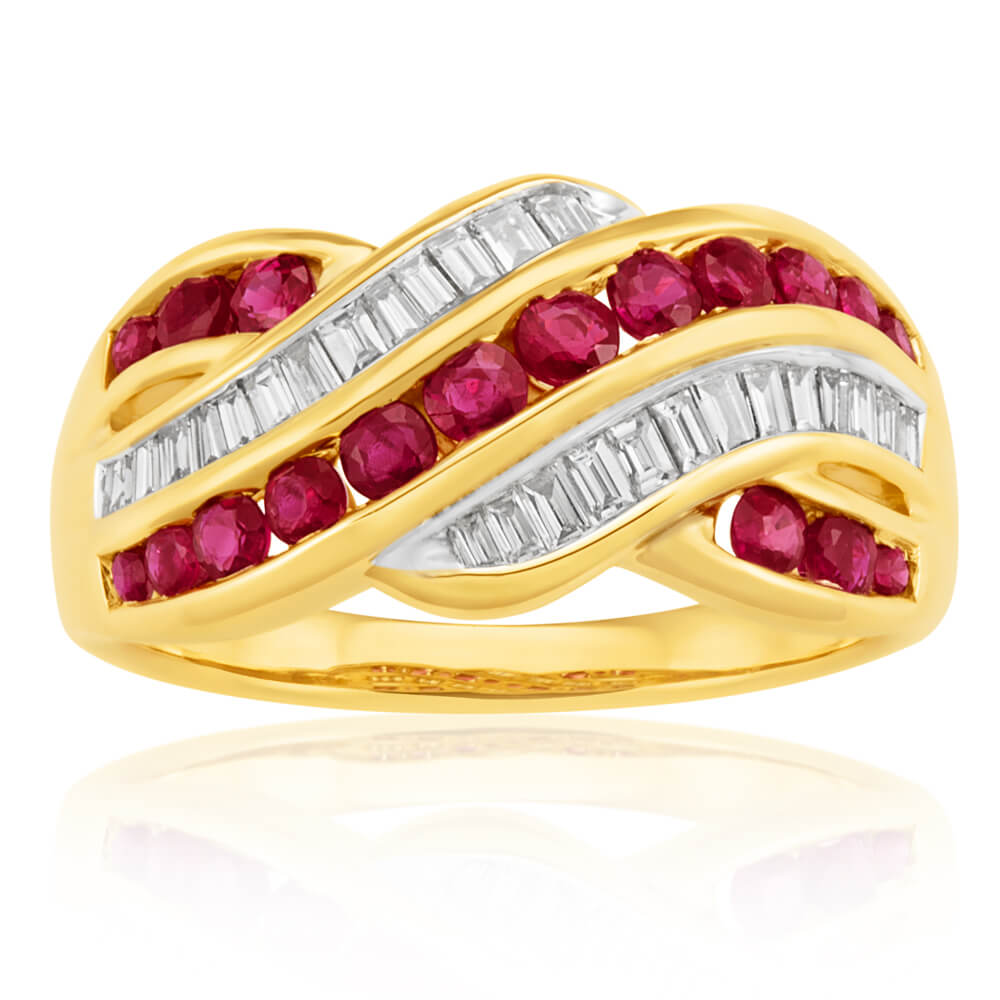 9ct Yellow Gold Natural Ruby 0.93ct and 1/3 Carat Diamond Wave Ring ...