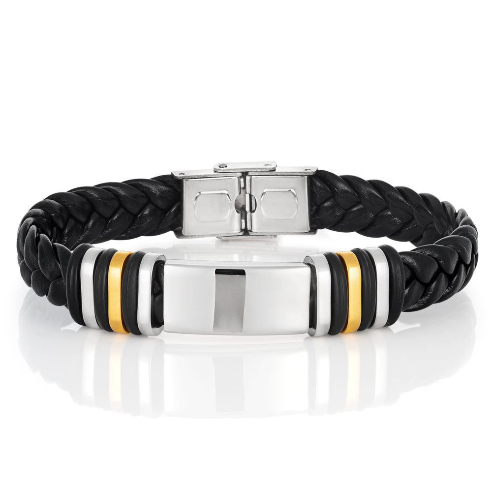 Stainless Steel Black Leather Gold Plated Gents Bracelet– Shiels Jewellers